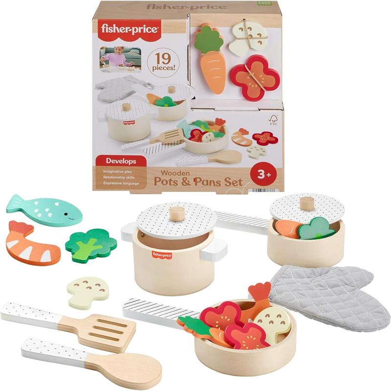 Fisher Price - Wood Kitchen Pretend Play Toy Pots & Pans Set